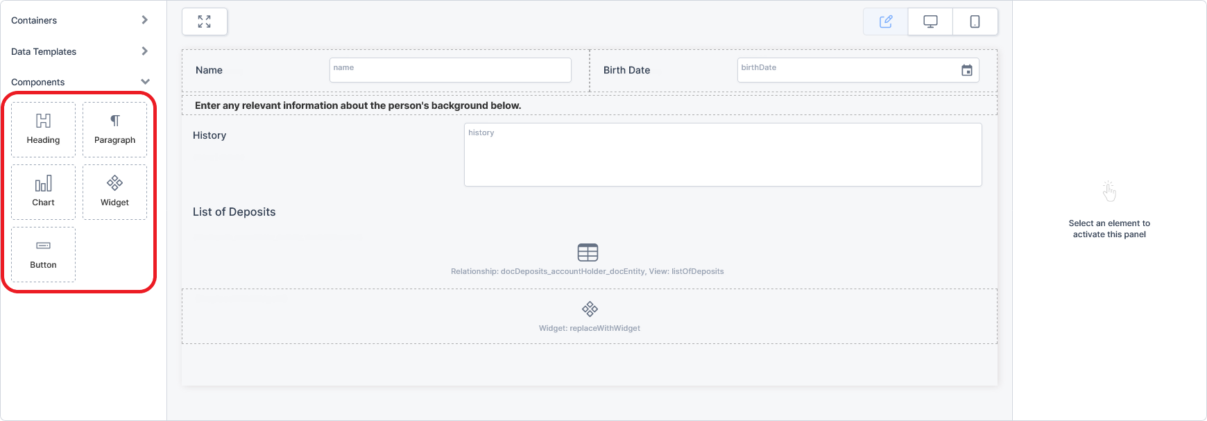 Use UI components (headings, paragraphs, charts, widgets, buttons)